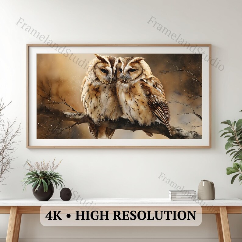 Owl Love Couple TV Art, Two Owls Cuddling Together in Warm Woodland ...