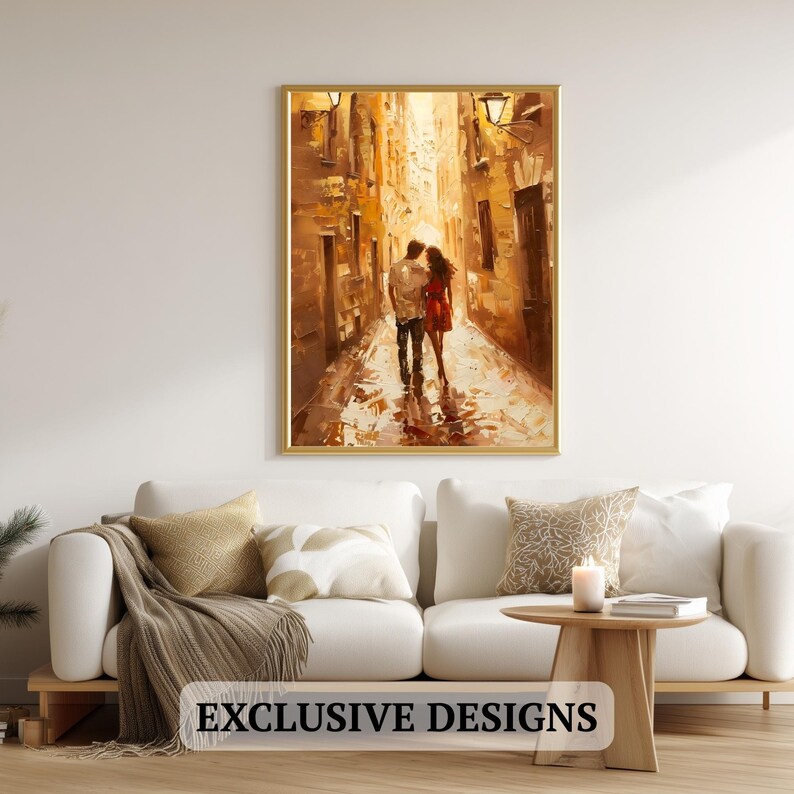 Romantic City Alley Poster, Couple Walking in Warm Golden Light, Modern ...