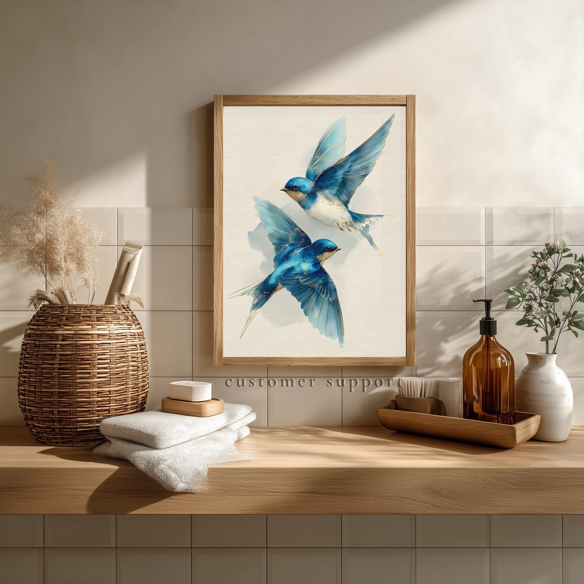 Blue Birds Wall Art, Elegant Bird Painting, Minimal Nature Artwork ...