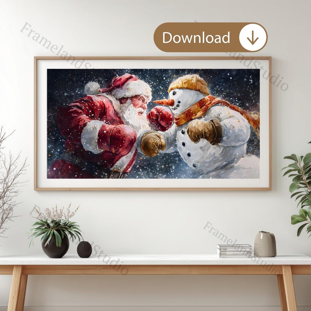 Santa Vs Snowman Boxing Art, Funny Christmas Frame TV Decor, Holiday ...