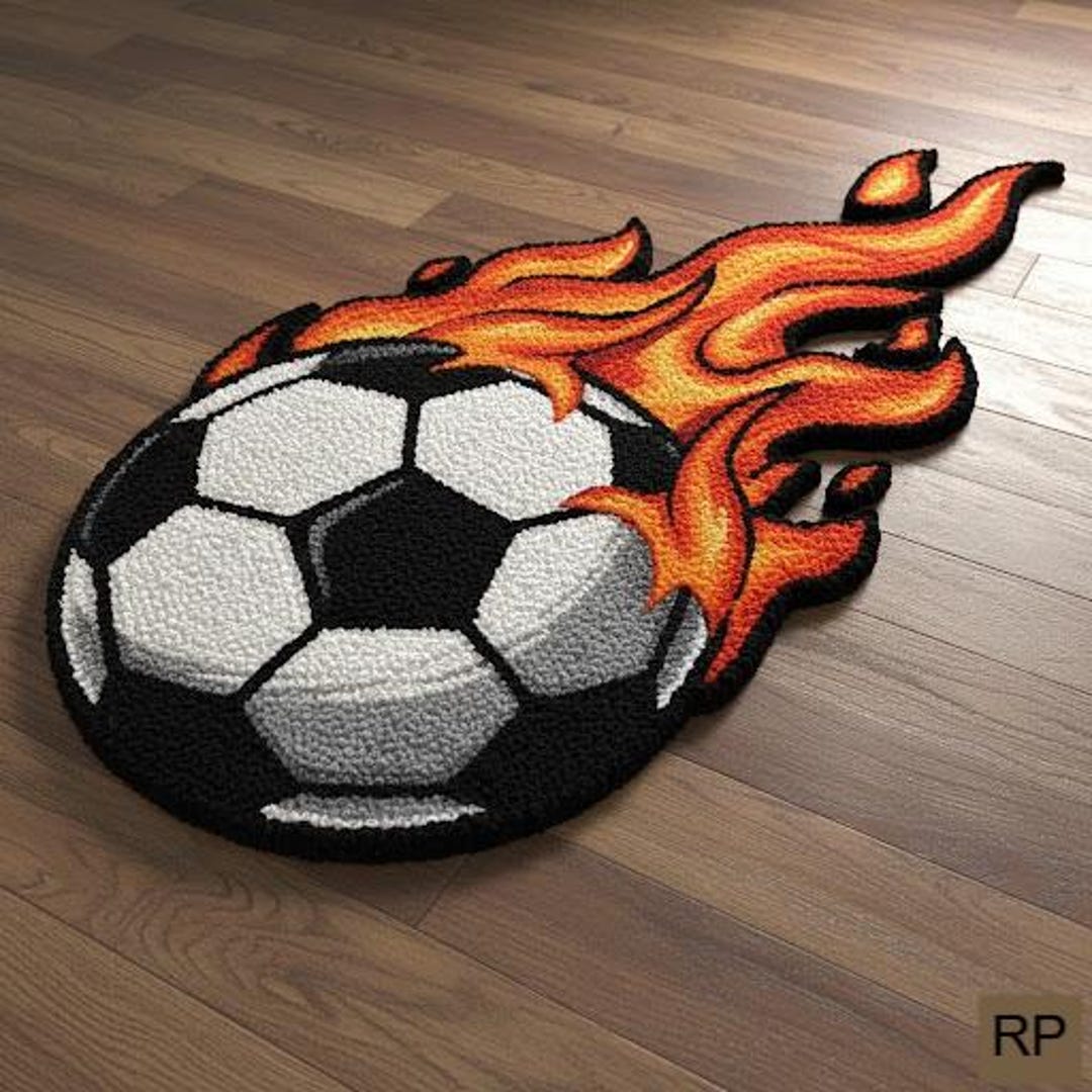 Flaming Soccer Ball Rug – Hand Tufted Sports Area Rug, Football Flame ...