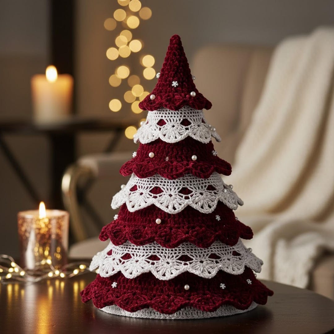 Elegant Lacey Crochet Christmas Tree - Rich Burgundy Red and White ...