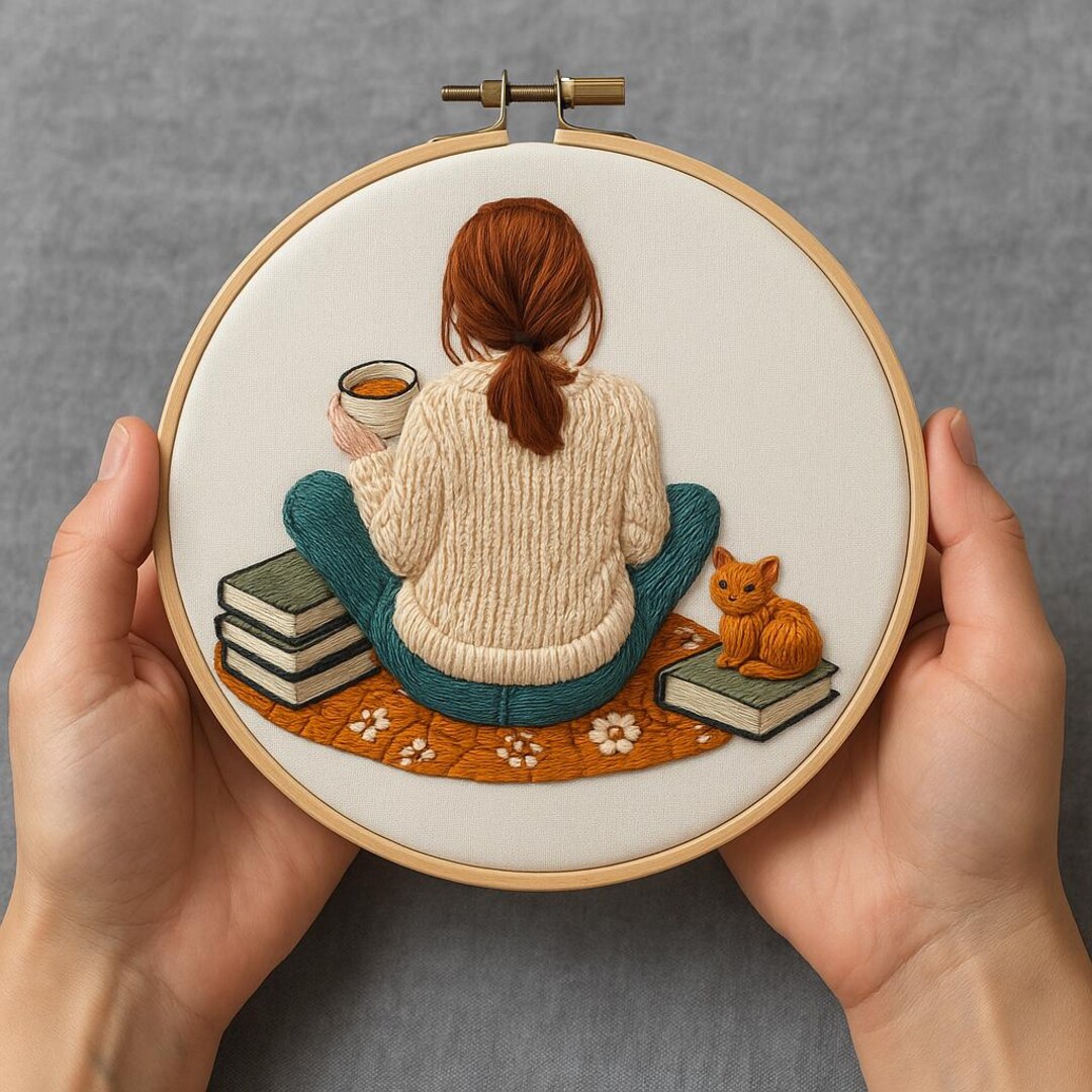 Kit broderie hygge 20 cm – fille avec tasse de thé, livres et chat ...