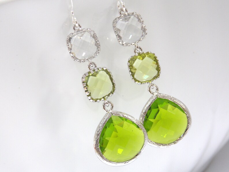 Green Earrings, Apple Green Mint Light Green, Glass Clear, Silver ...