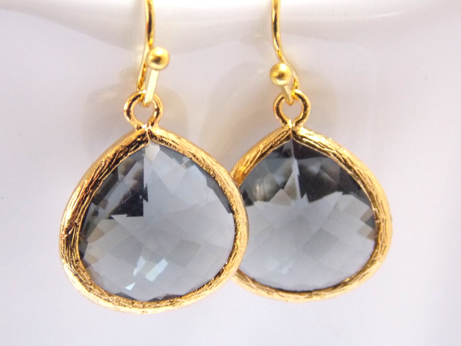 Glass Gray Earrings, Grey Earrings, Gold Earrings, Charcoal Earrings ...