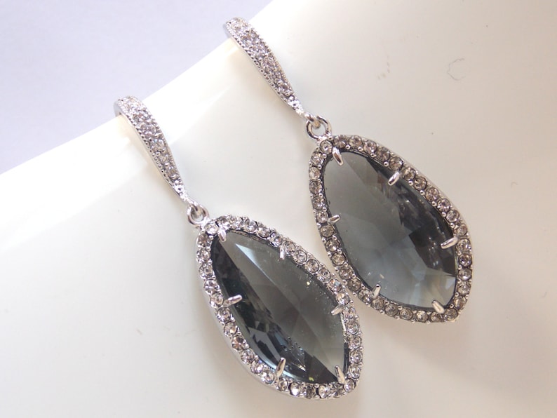 Gray Earrings, Grey Earrings, Glass, Zirconia, Silver, Charcoal ...