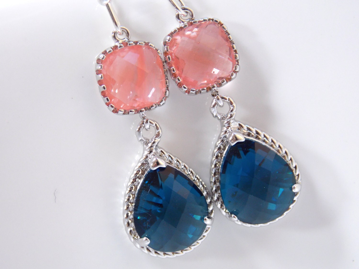 Coral Earrings, Navy Blue, Glass, Silver, Peach, Bridesmaid Set ...