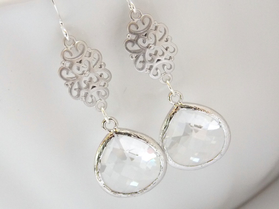 Clear Earrings Dangle Drop Glass Earrings Crystal Silver - Etsy