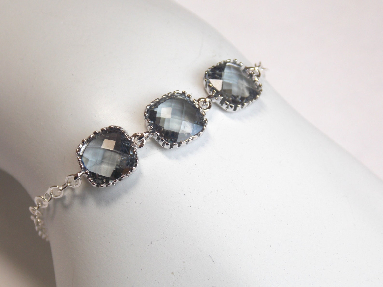 Gray Bracelet, Charcoal Bracelet, Glass, Grey, Sterling Silver Bracelet ...