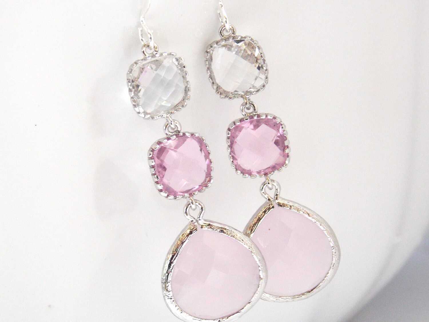 Pink Earrings, Crystal, Clear, Glass, Ice Pink, Long, Dangle, Silver ...