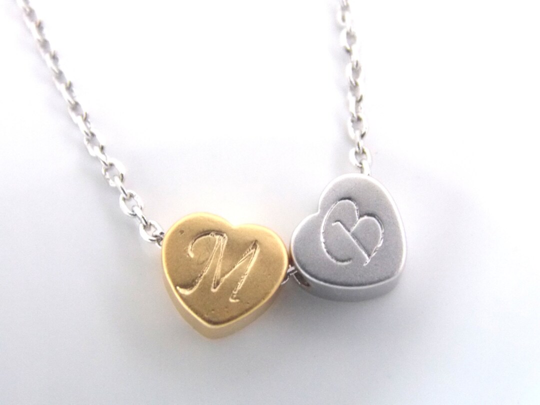 Heart Necklace, Silver Double Heart Pendant, Two Initials, Two Hearts ...