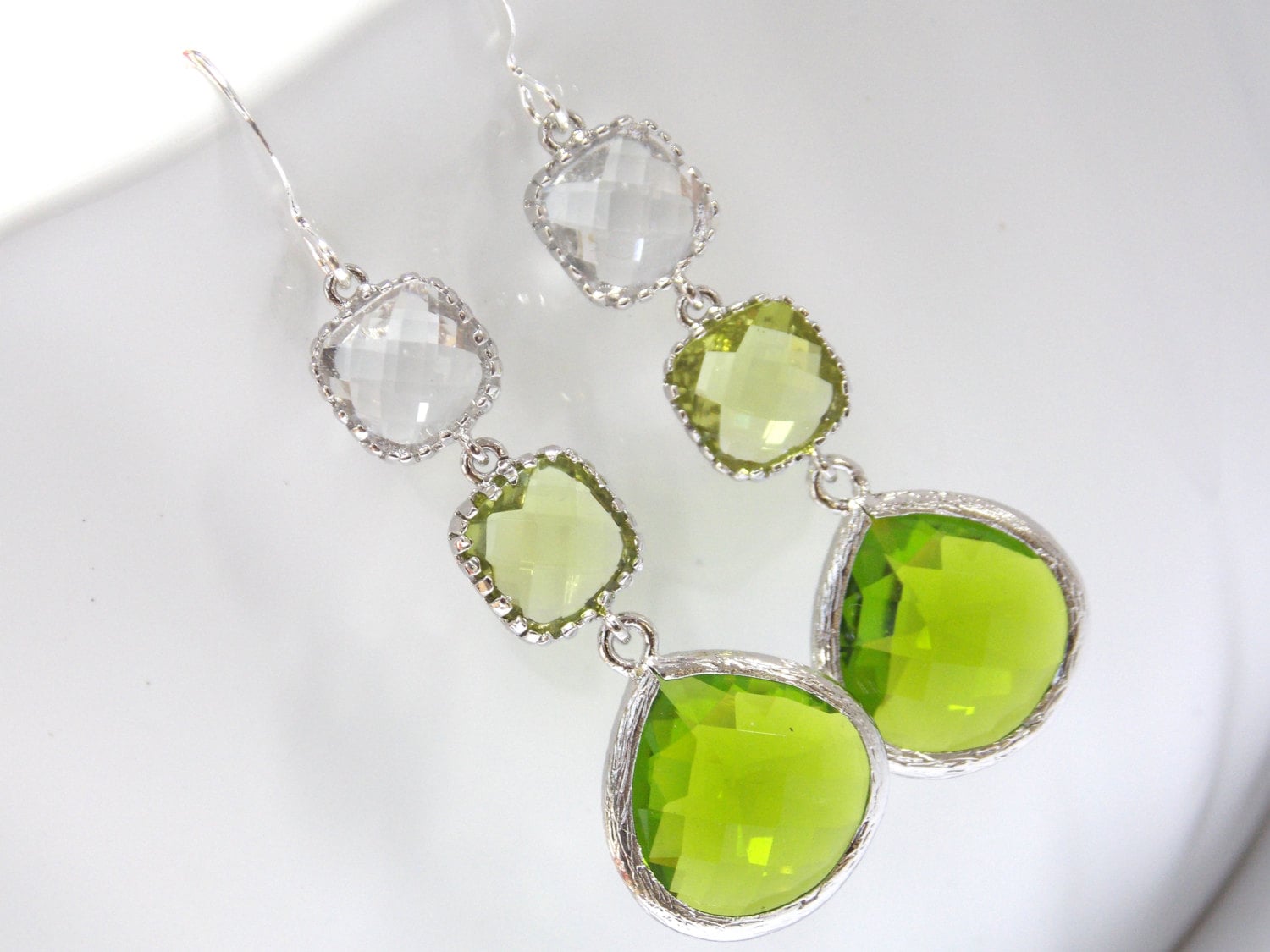 Green Earrings, Apple Green Mint Light Green, Glass Clear, Silver ...