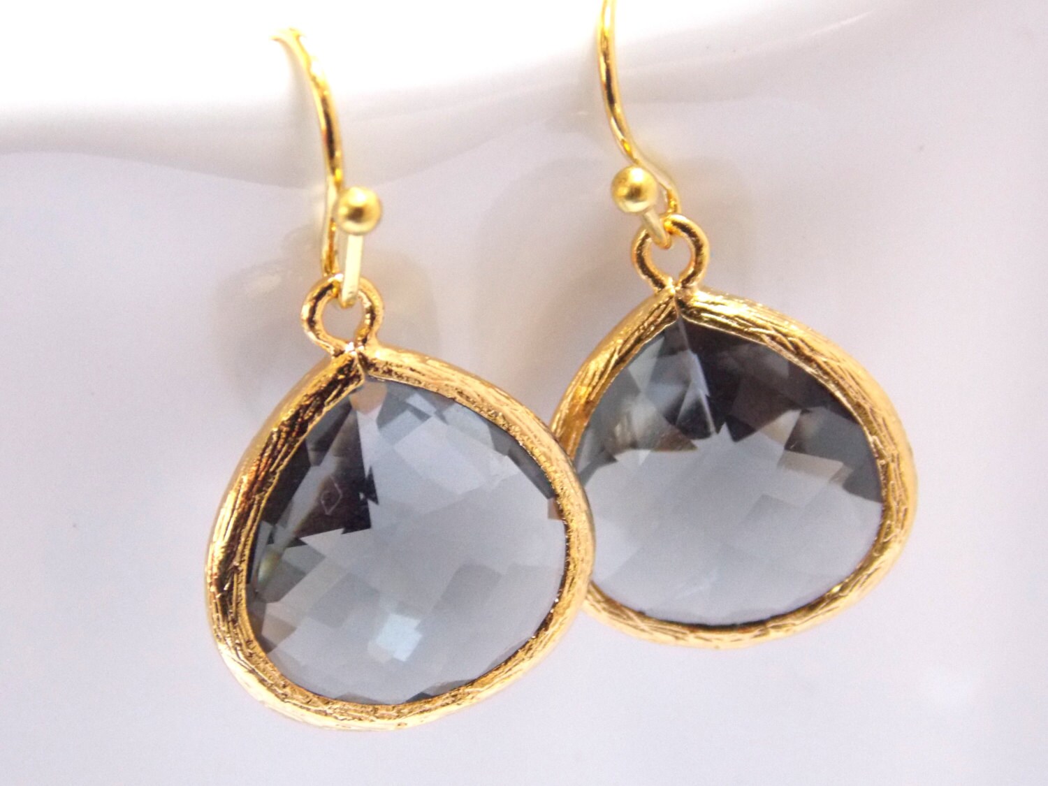 Glass Gray Earrings, Grey Earrings, Gold Earrings, Charcoal Earrings ...