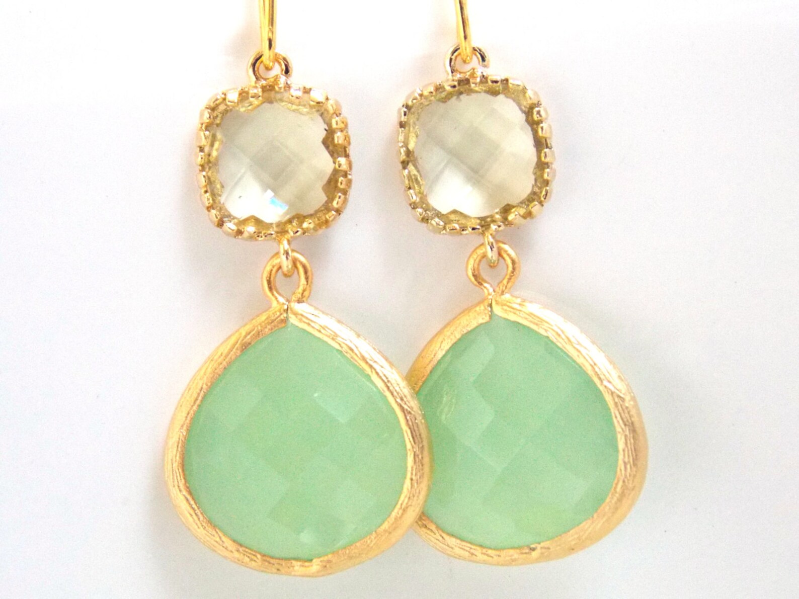 Gold Green Mint Earrings, Light Green Earrings, Yellow Gold, Citrine ...