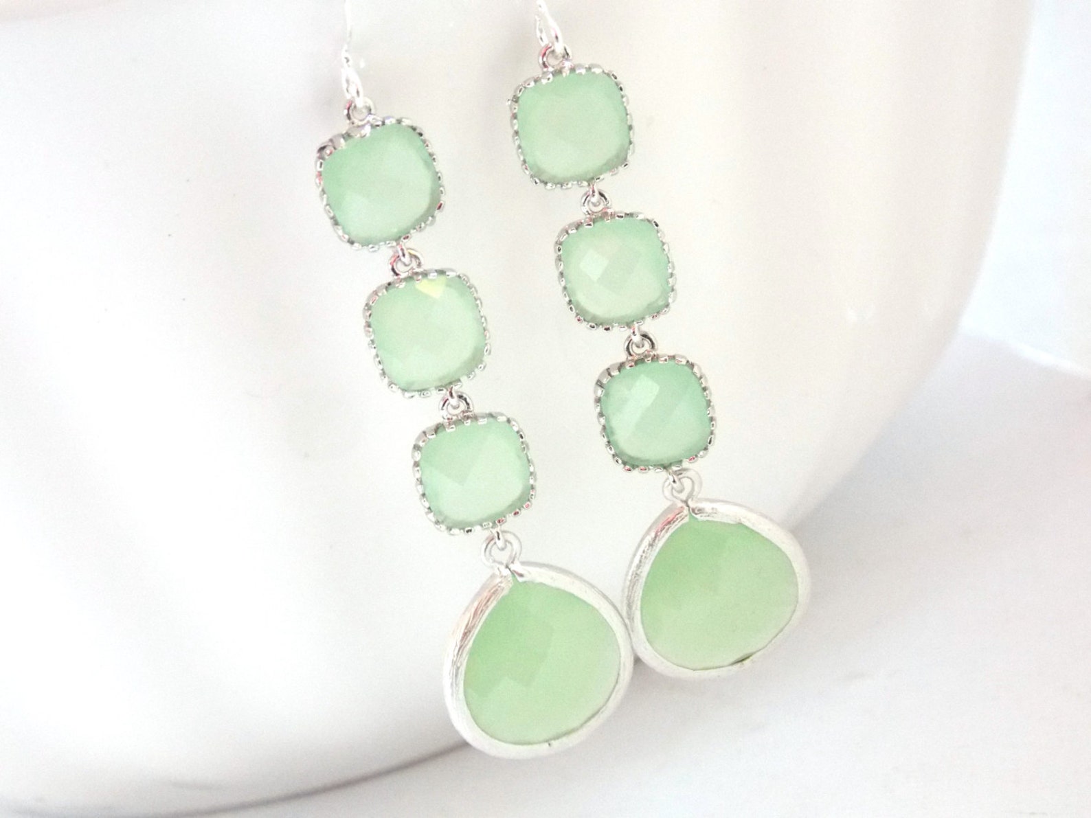 Silver Green Mint Earrings, Light Green Earrings, Silver Earrings, Long ...