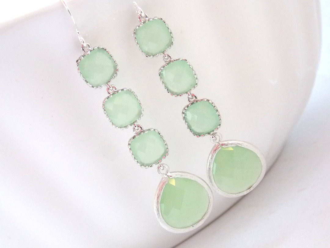 Silver Green Mint Earrings, Light Green Earrings, Silver Earrings, Long ...