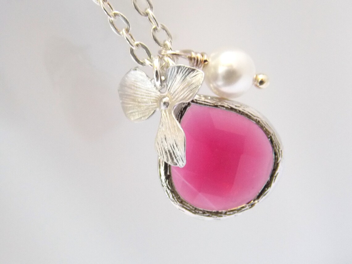 Pink Necklace, Fuchsia Necklace, Fuchsia Pendant, Dark Pink, Glass ...