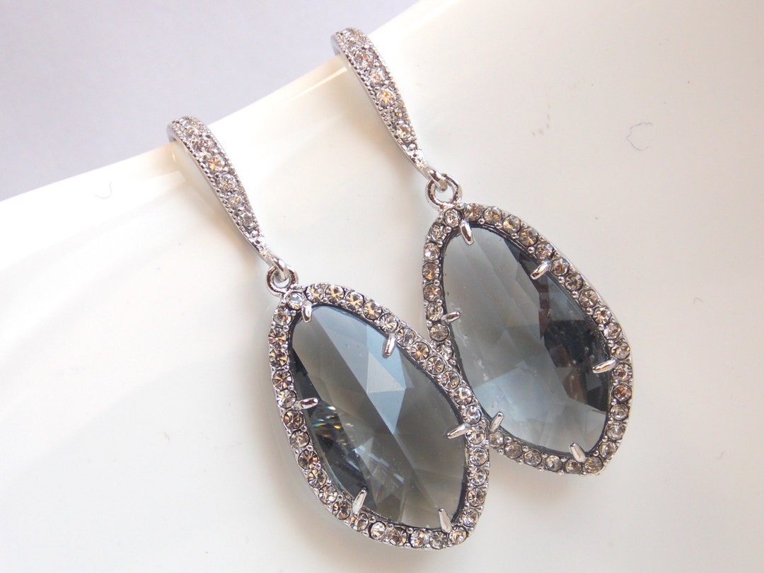 Gray Earrings, Grey Earrings, Glass, Zirconia, Silver, Charcoal ...