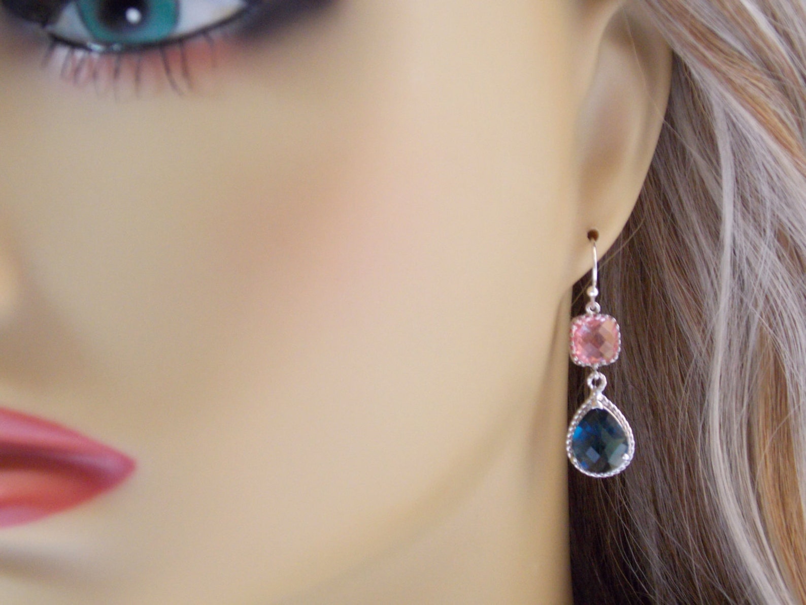 Coral Earrings, Navy Blue, Glass, Silver, Peach, Bridesmaid Set ...