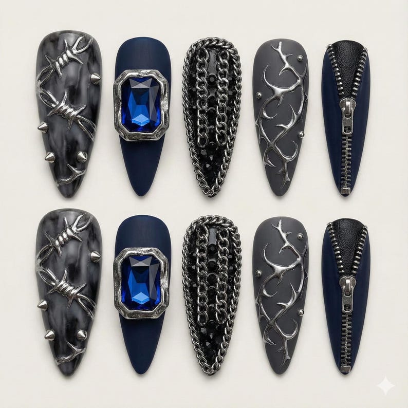 Punk Gothic Nails, Barbed Wire and Chain Press Ons, Zipper Accent ...