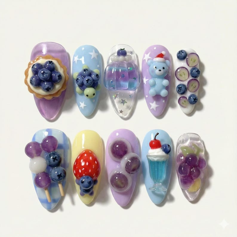 Blueberry Press on Nails, Cute Vintage Fruit Nail Art, Purple Grape ...