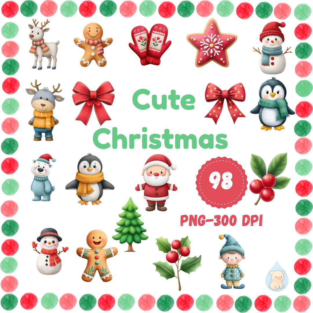 Cute Christmas Watercolor Clipart Bundle | Santa Elf Reindeer Penguin ...