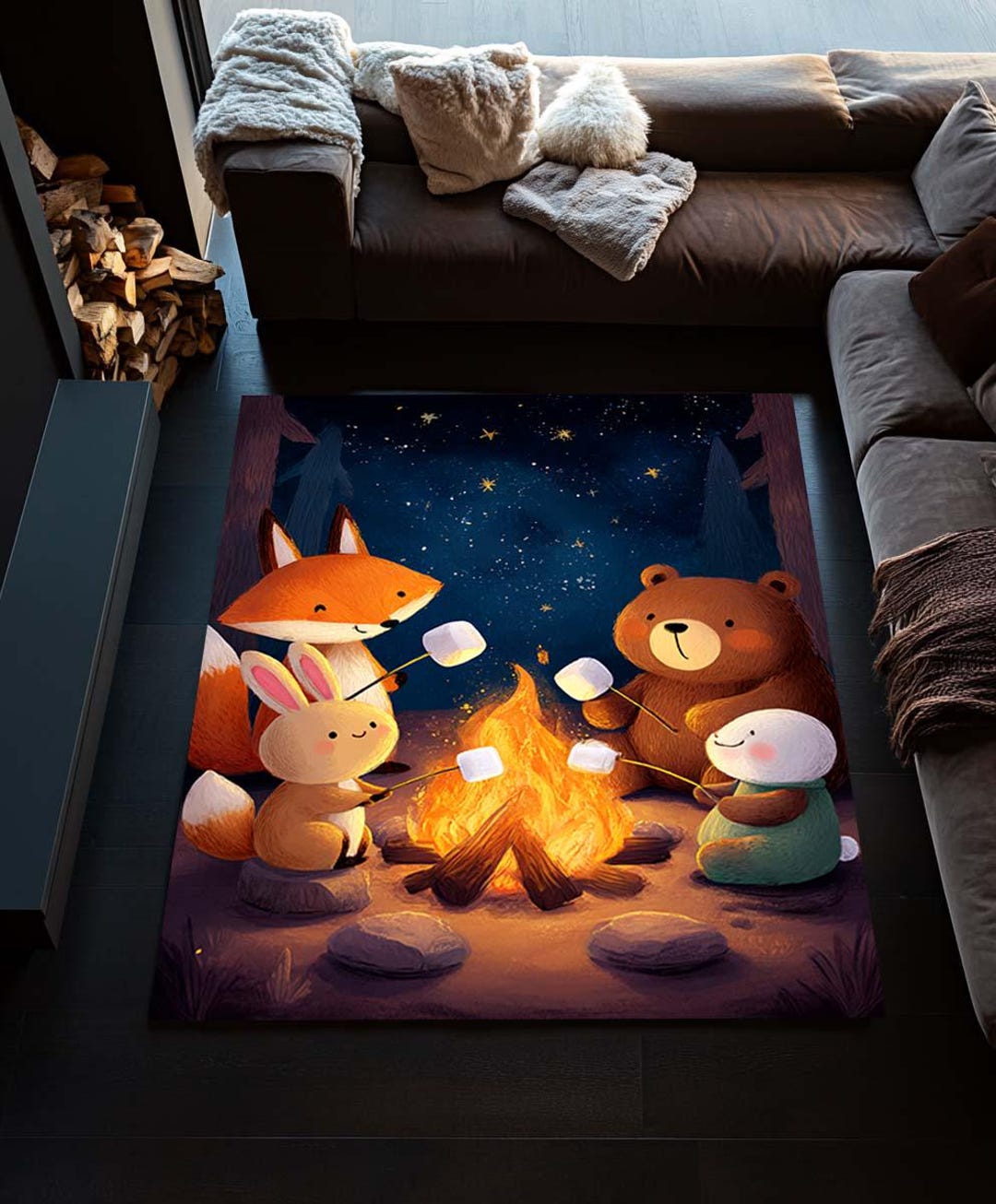 Woodland Animals Campfire Rug – Fox Bear Bunny Illustration Nursery ...