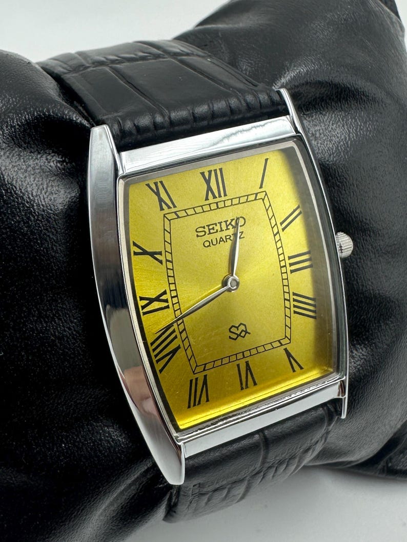 Retro Seiko Quartz Watch – Rectangular Case, Bright Yellow Dial, Roman ...