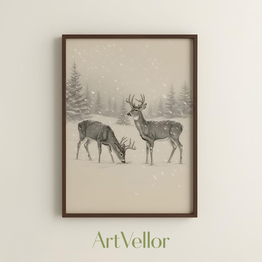 Serene Winter Deer Art Print, Instant Download, Vintage Christmas Decor ...