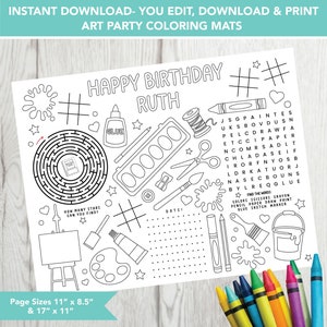 Editable Art Party Sheet, Printable Birthday Coloring Page, Art ...