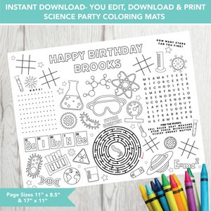 Editable Science Party Mat, Printable Birthday Coloring Page, Science ...