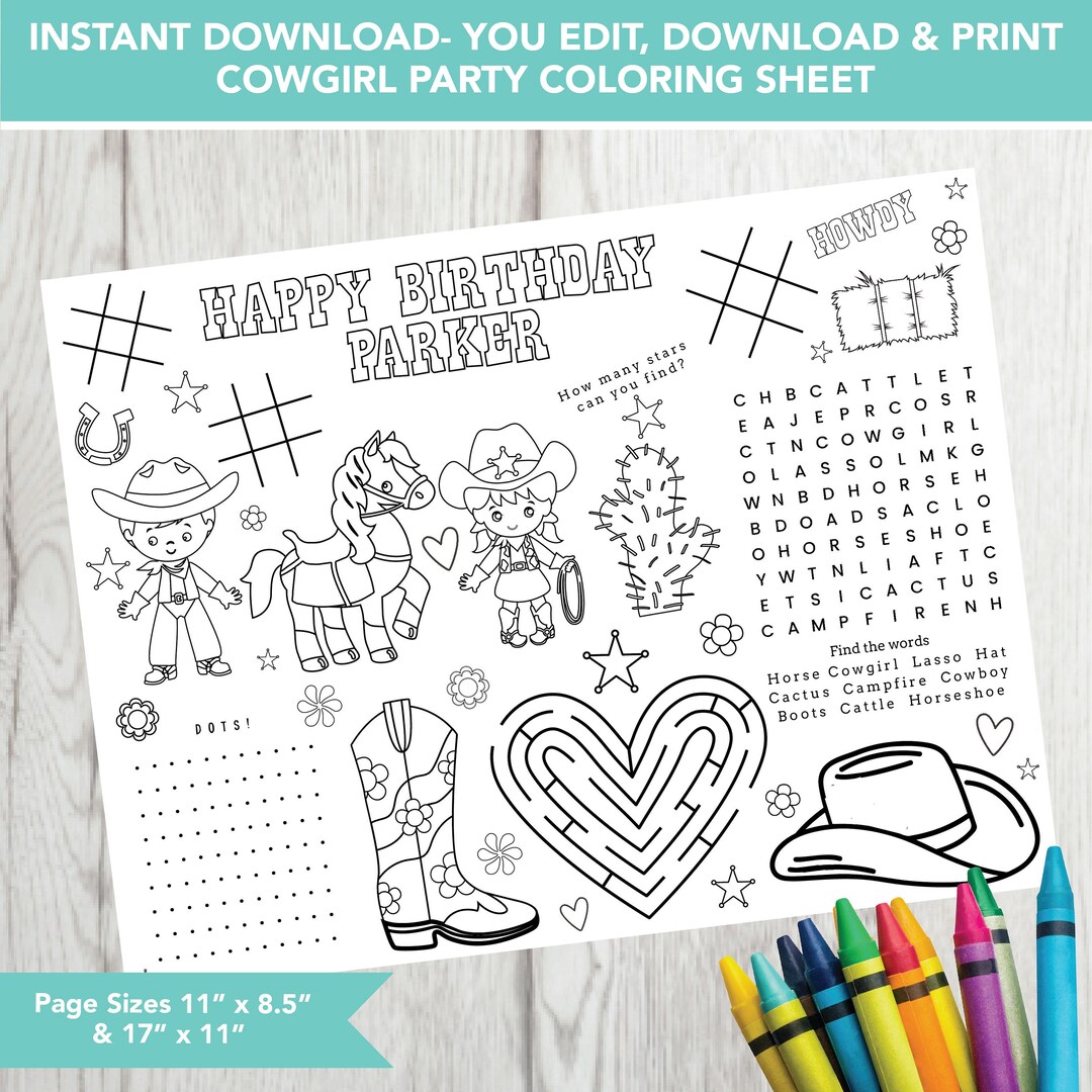 Editable Cowgirl Party Placemat, Printable Birthday Coloring Page ...