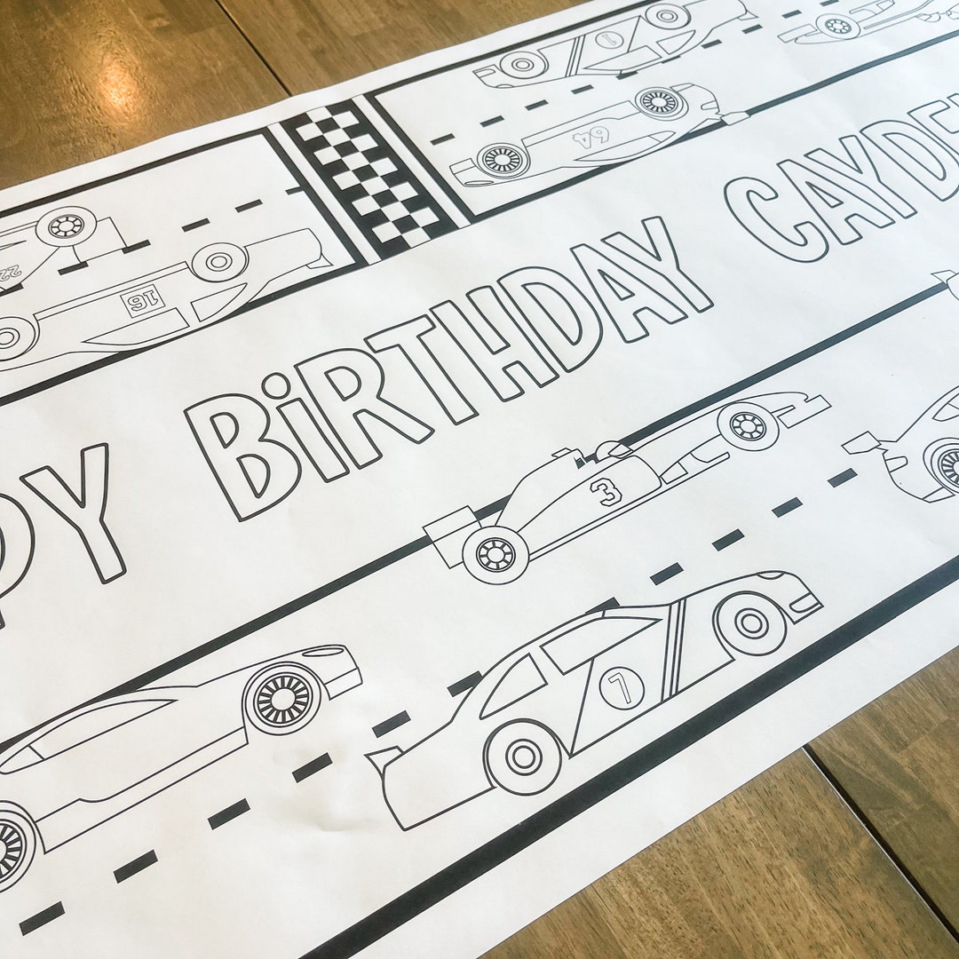 Race Car Coloring Table Runner, Race Cars Birthday Coloring Page, Cars ...