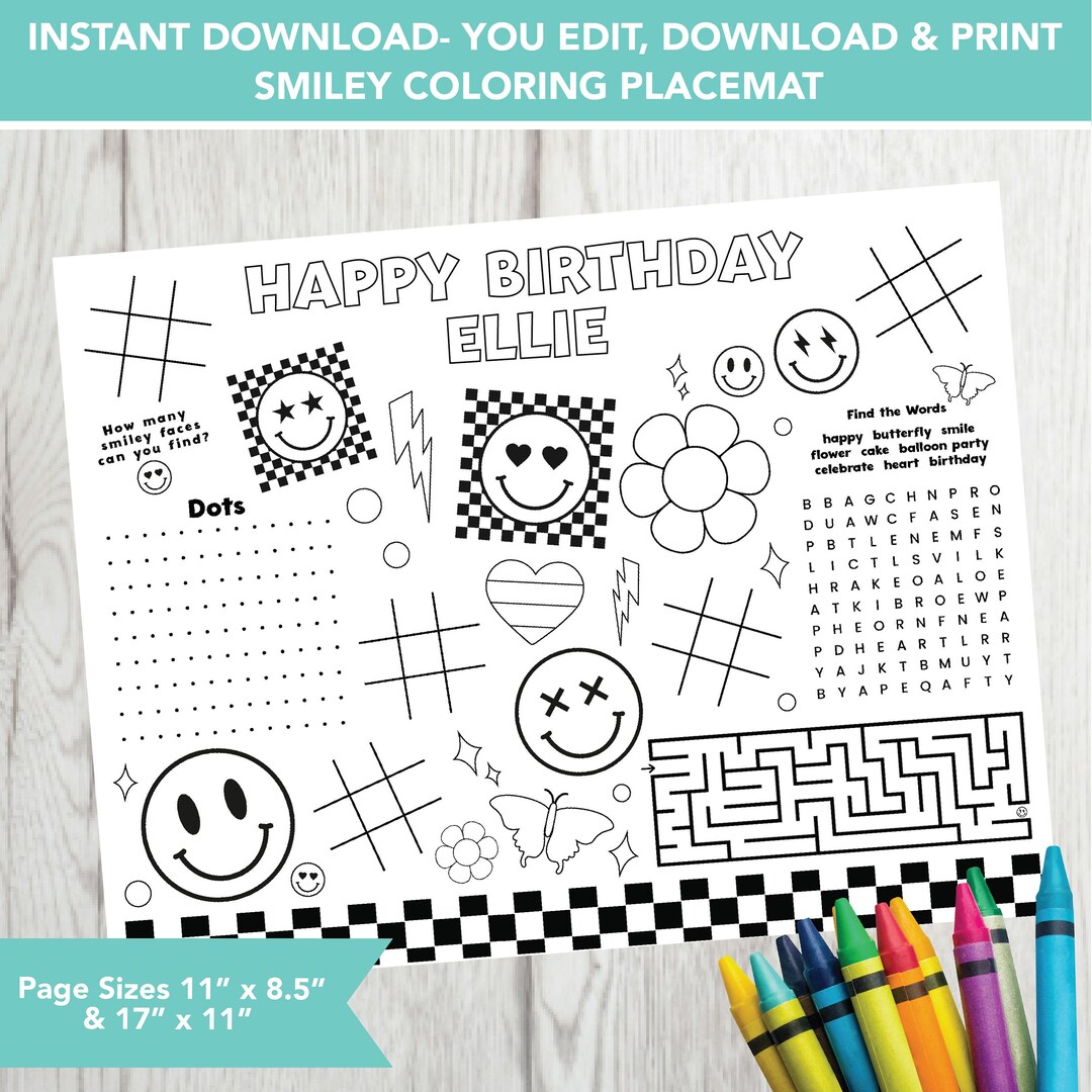 Editable Smiley Party Mat, Printable Birthday Coloring Page, Smiley ...