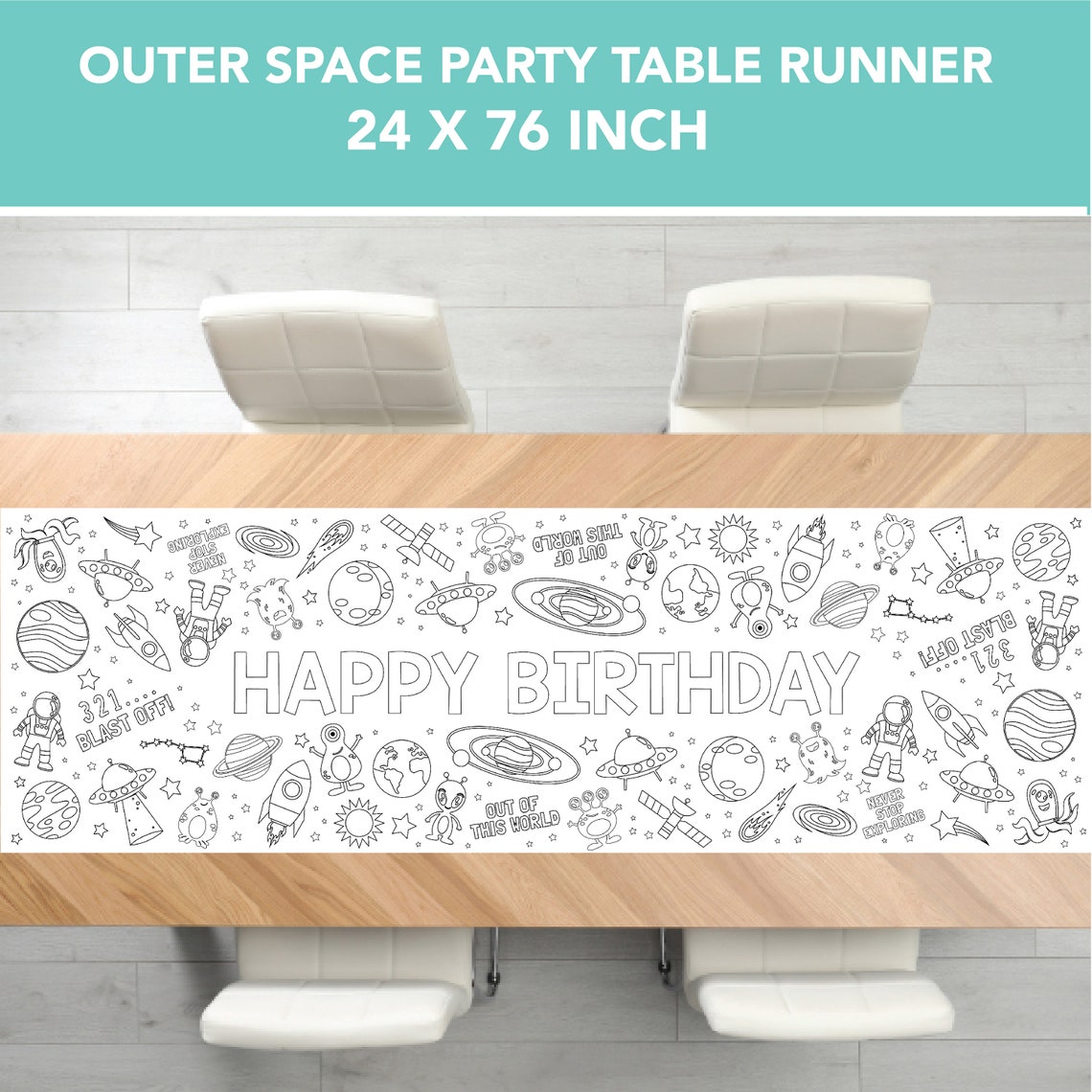 Outer Space Coloring Table Runner, Space Themed Birthday Coloring Page ...