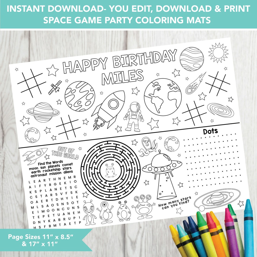 Editable Space Party Sheet, Printable Birthday Coloring Page, Outer ...