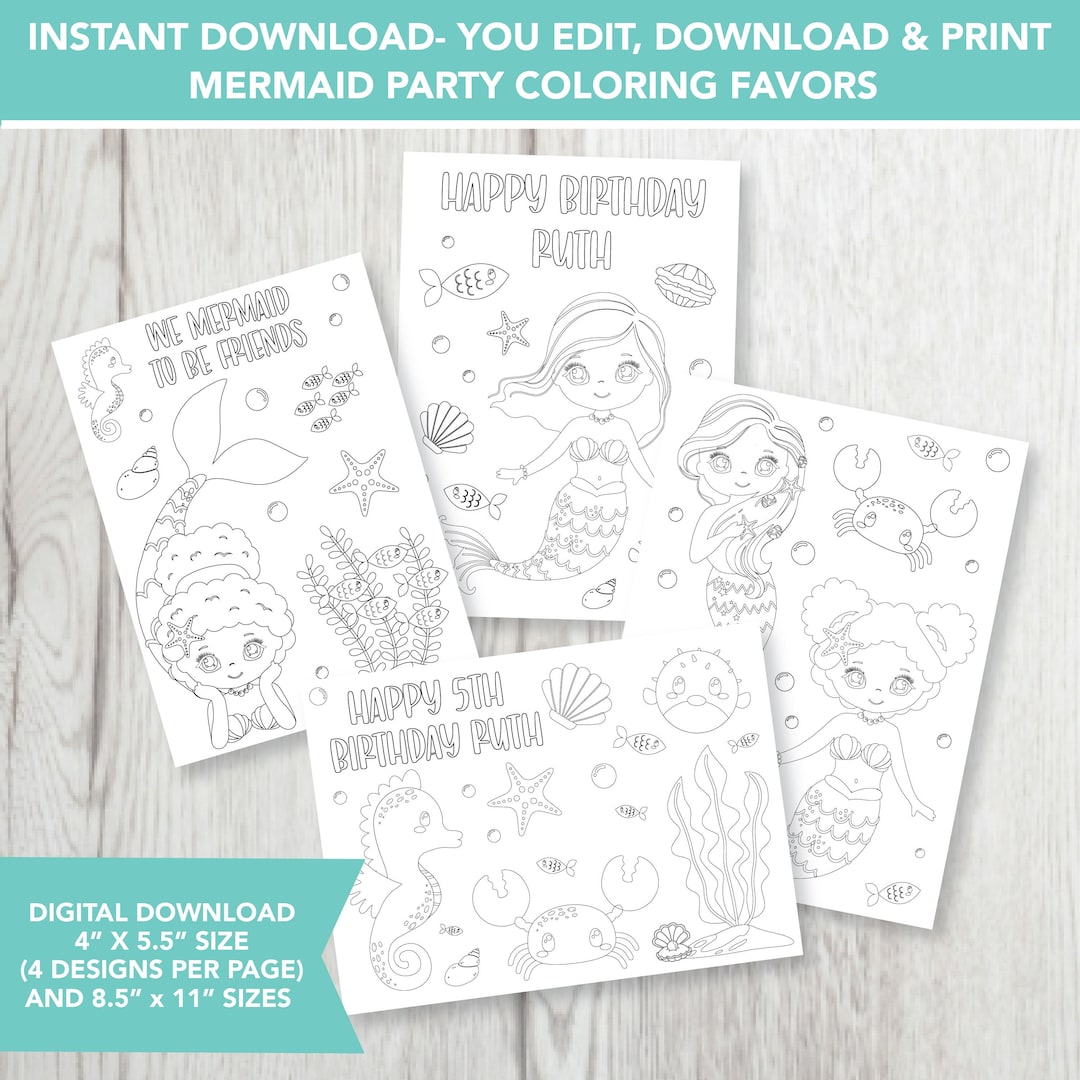 Editable Mermaid Coloring Party Favors, Mermaid Birthday Party ...