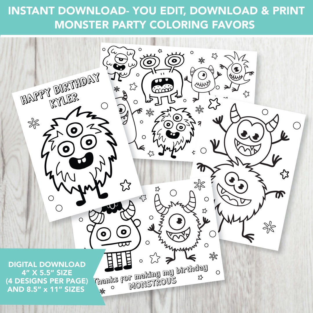 Editable Monster Coloring Party Favors, Monster Birthday Party ...