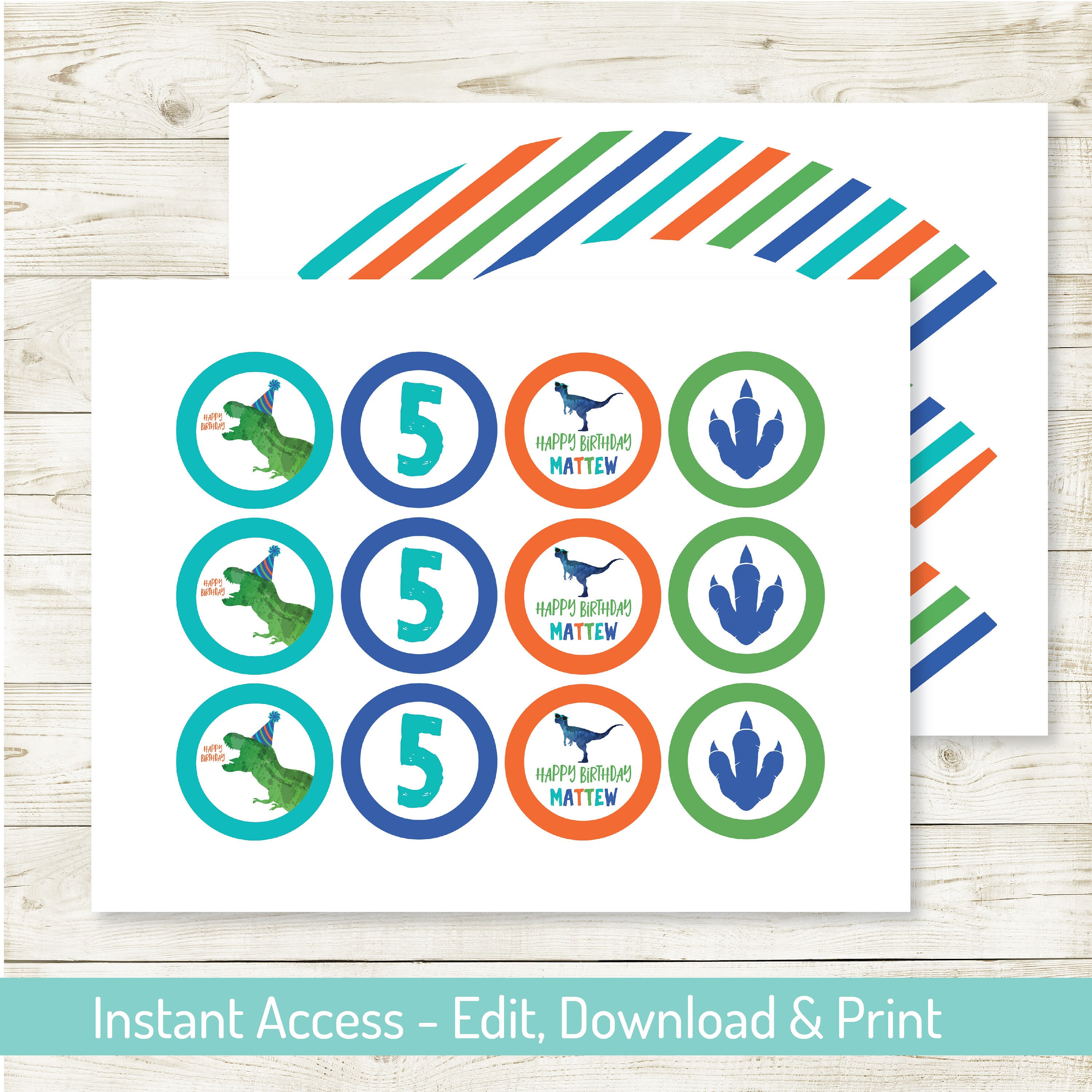 Dinosaur Party 2" Cupcake Toppers- Editable, Dino Birthday Party ...
