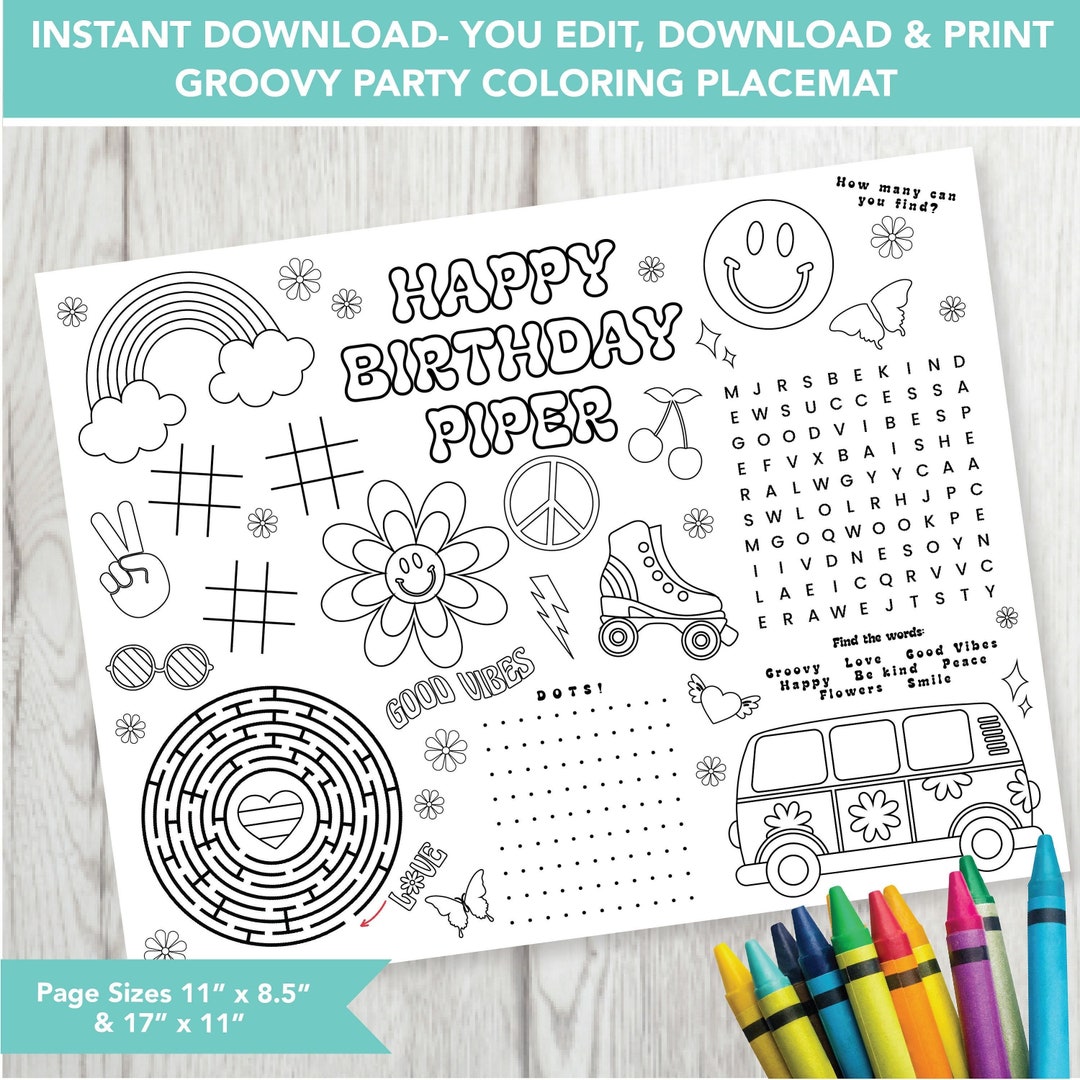 Editable Groovy Party Placemat, Printable Birthday Coloring Page, Retro ...