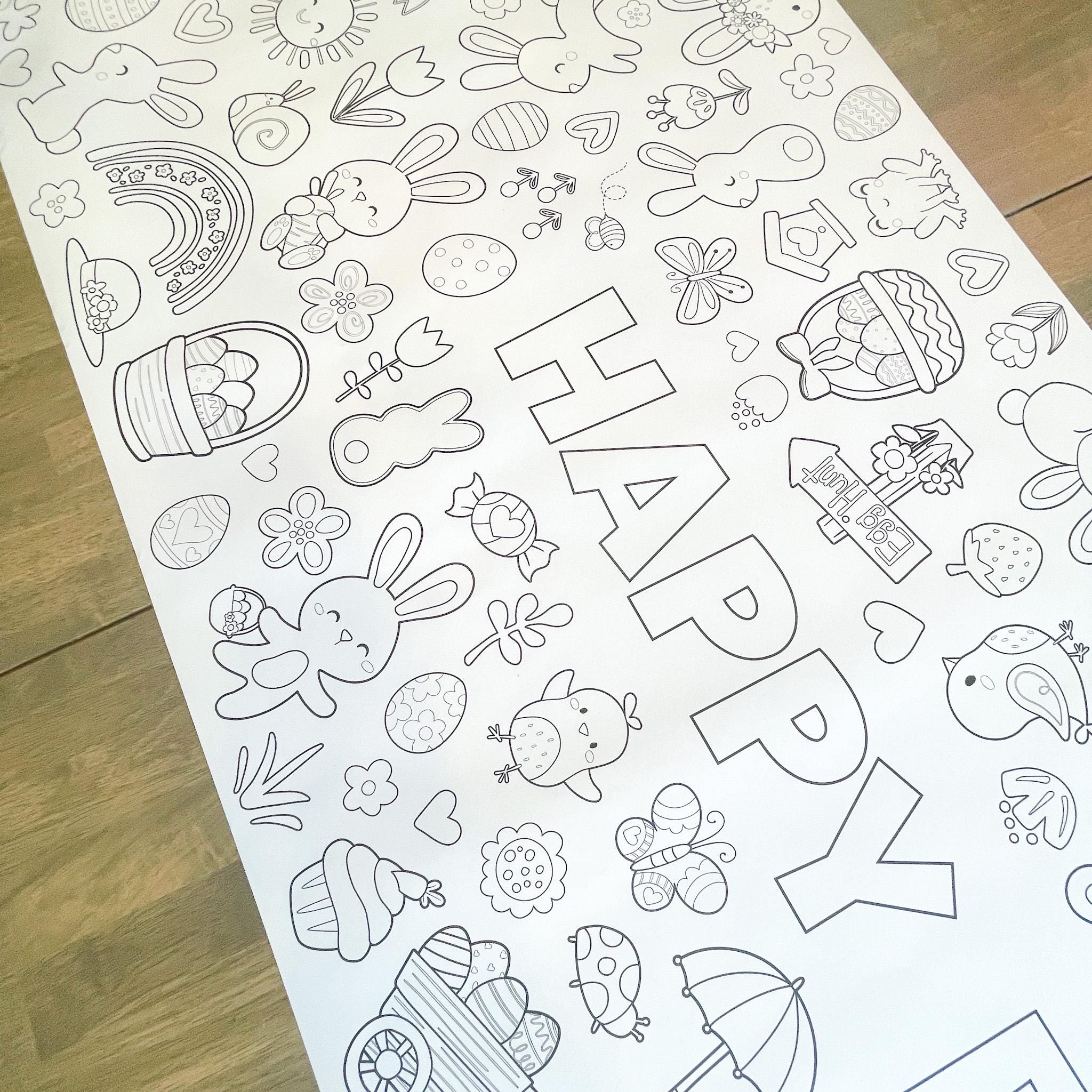 Easter Coloring Table Runner, Happy Easter Coloring Page, Bunny ...