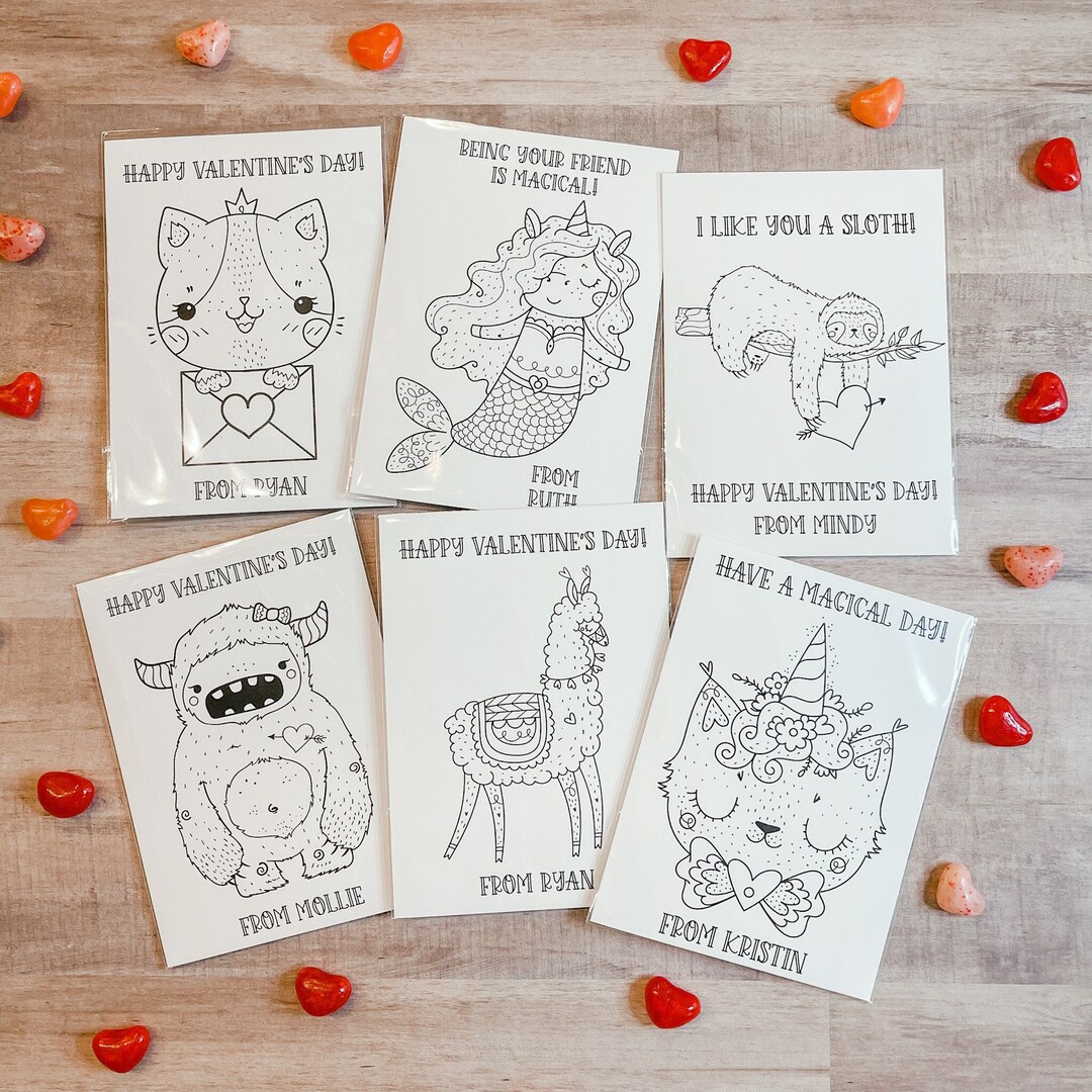 Personalized Valentine's Coloring Cards, Set of 4 Valentine's Cards and ...