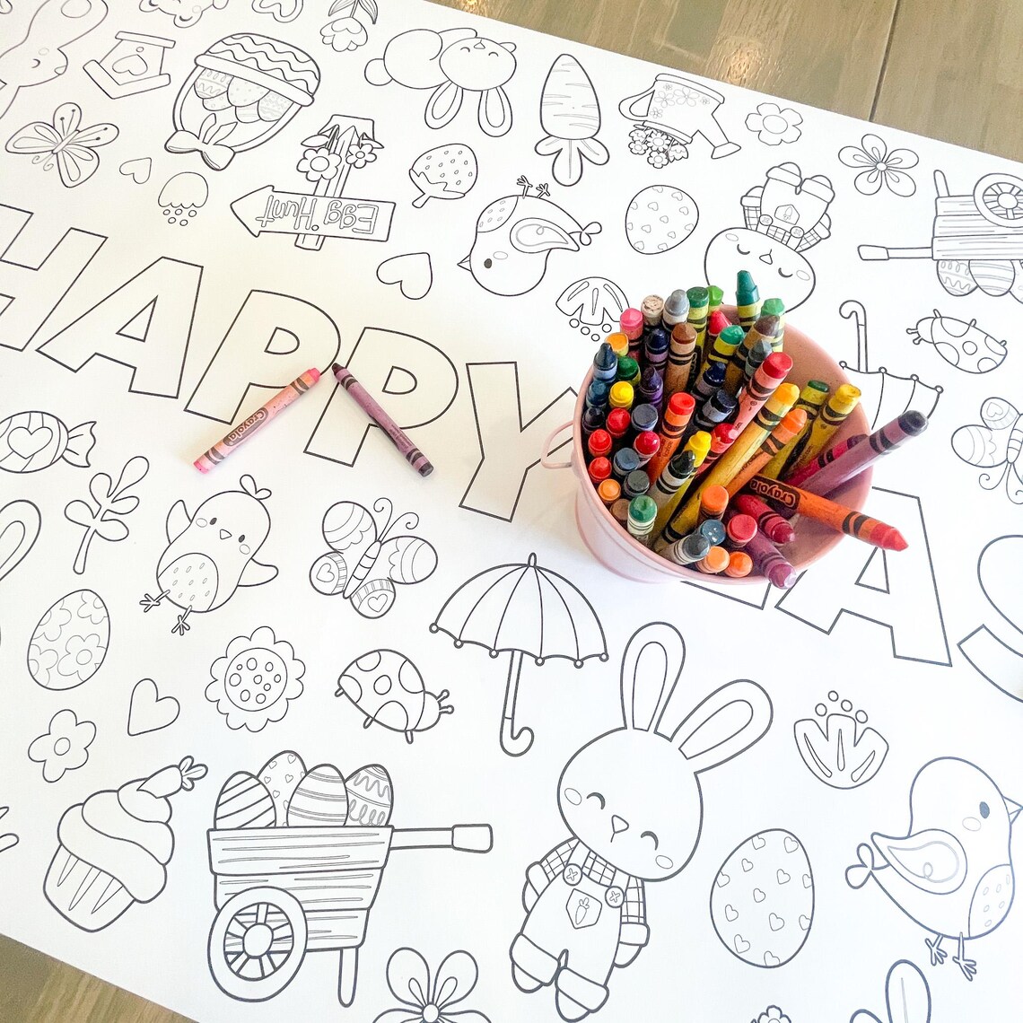 Easter Coloring Table Runner, Happy Easter Coloring Page, Bunny ...
