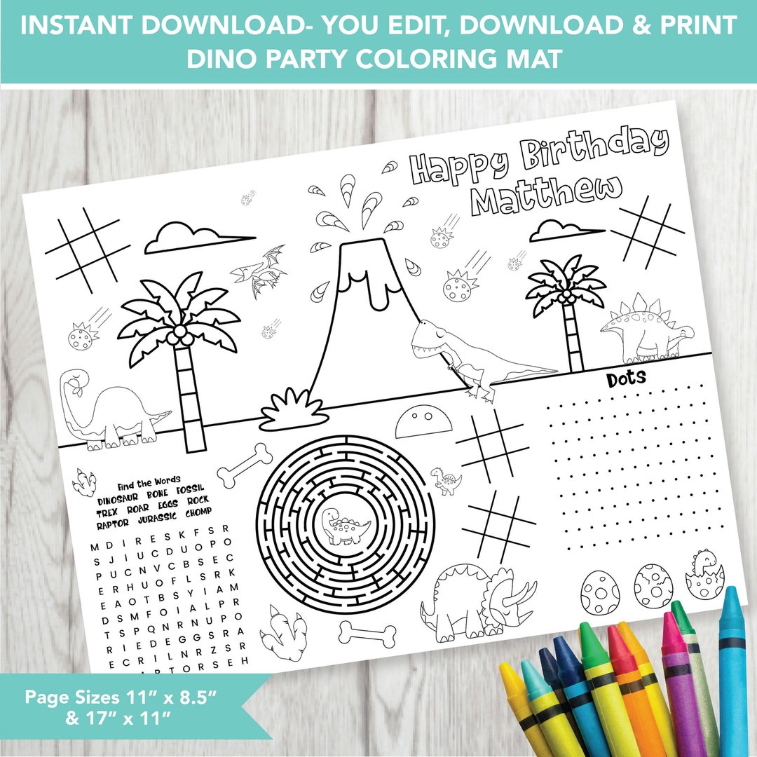 Editable Dinosaur Party Mat, Printable Birthday Coloring Page, Dino ...