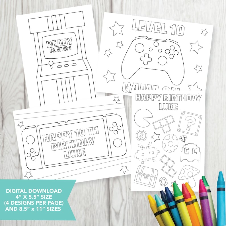 Editable Video Game Coloring Party Favors, Video Game Birthday Party ...