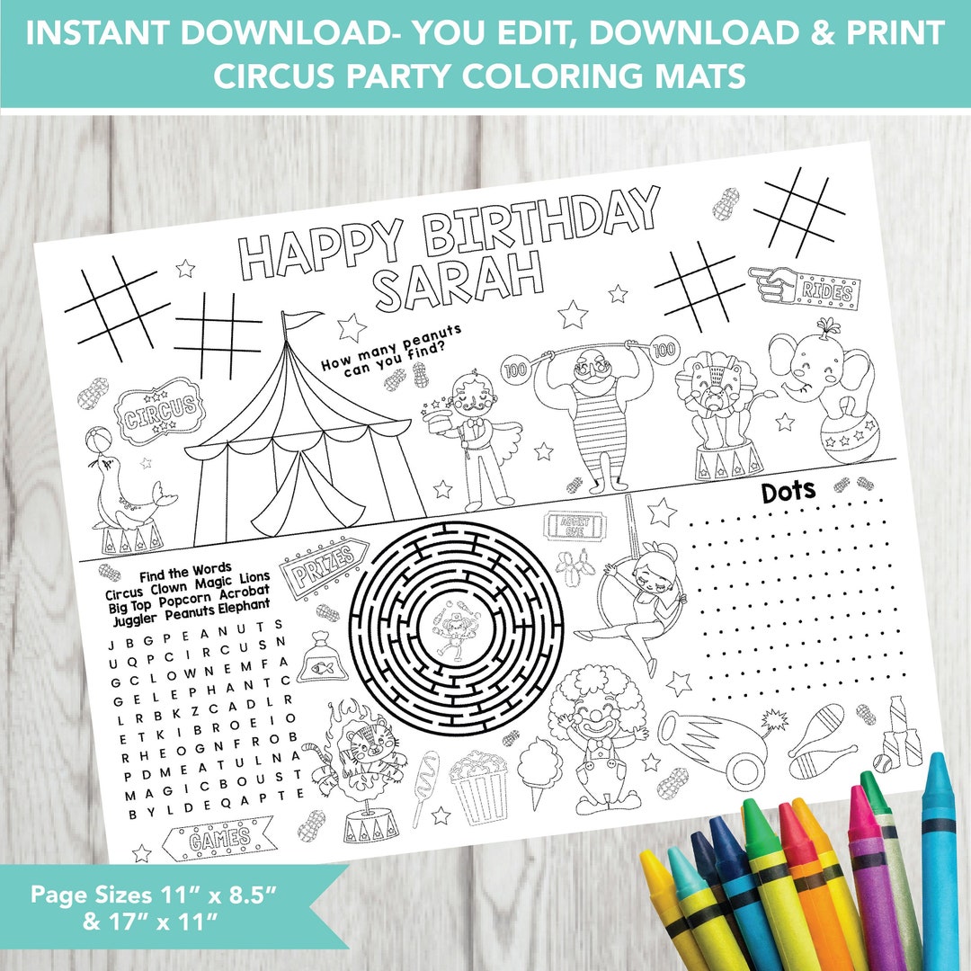 Editable Circus Party Sheet, Printable Birthday Coloring Page, Circus ...