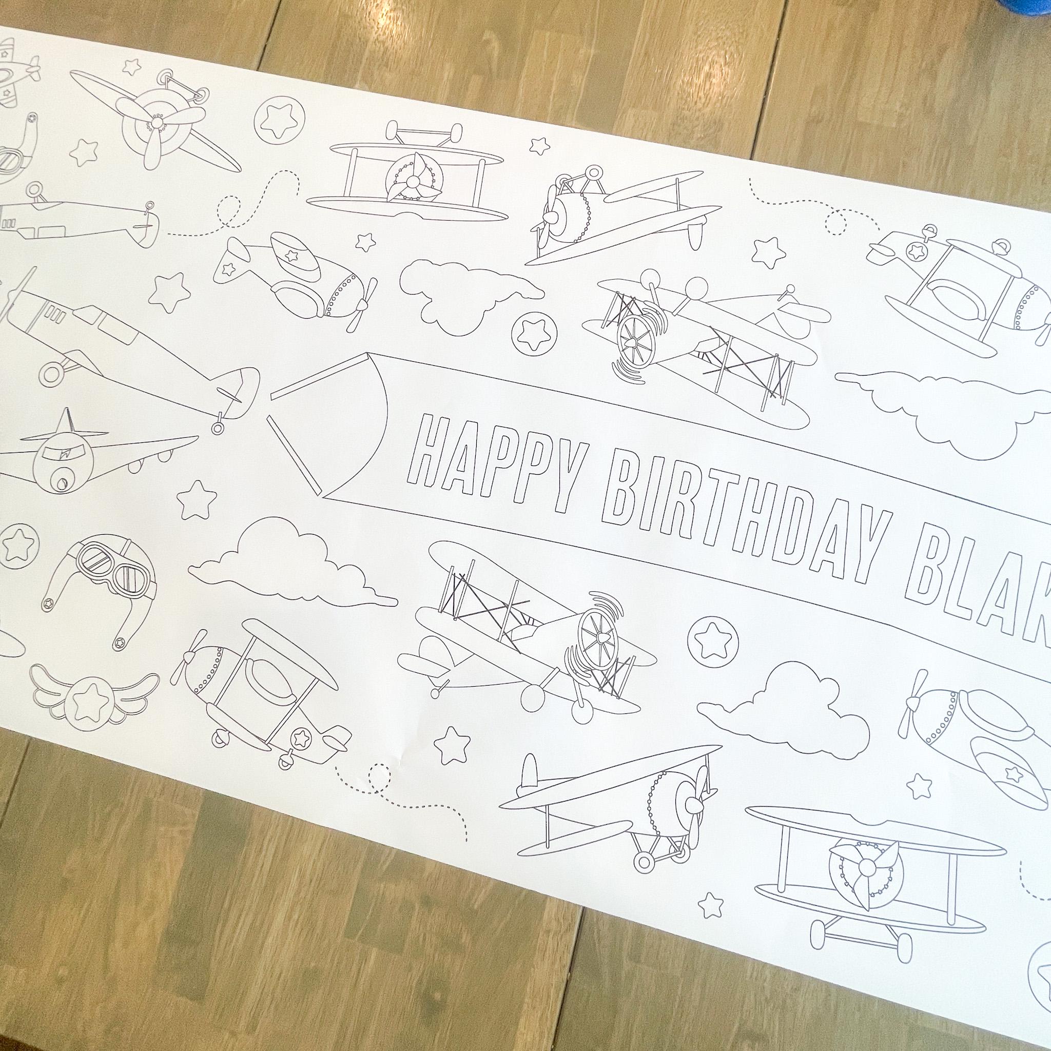 Vintage Airplane Birthday Coloring Table Runner, Airplane Birthday ...