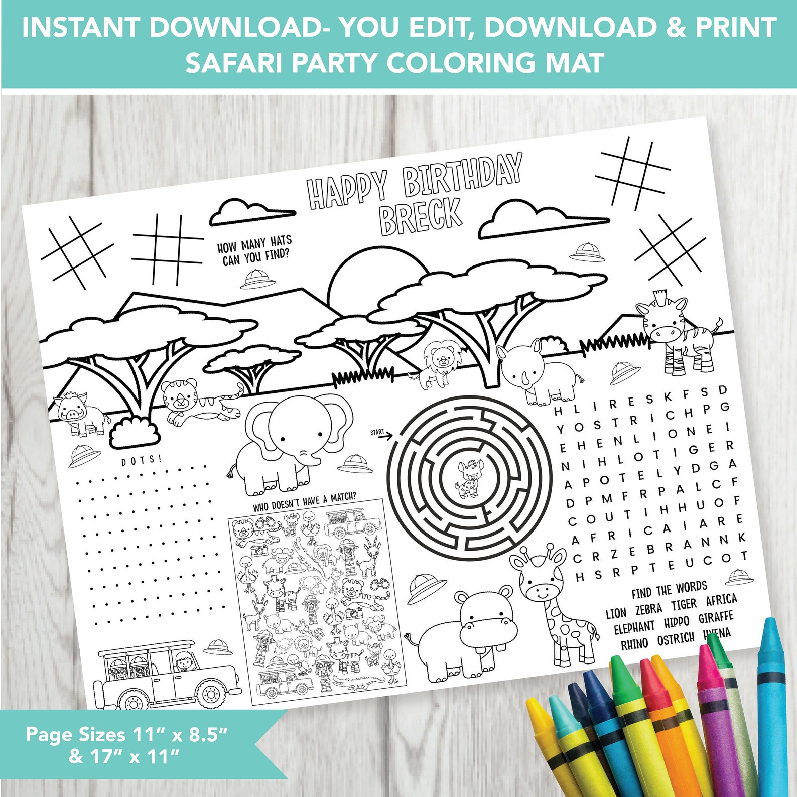 Editable Safari Party Mat, Printable Birthday Coloring Page, Safari ...