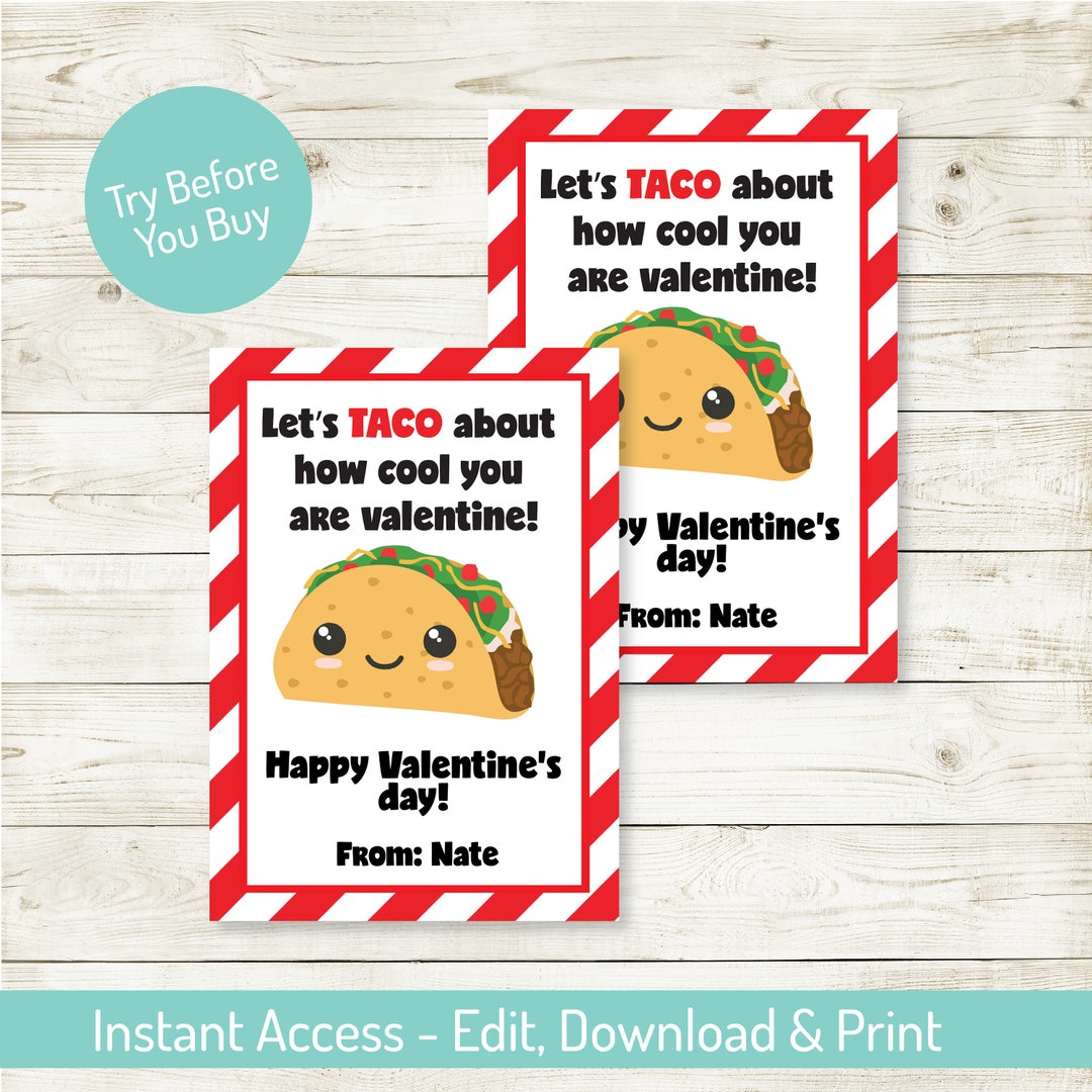 Editable Taco Valentine's Day Card, Valentine's Card, Valentine's Party ...