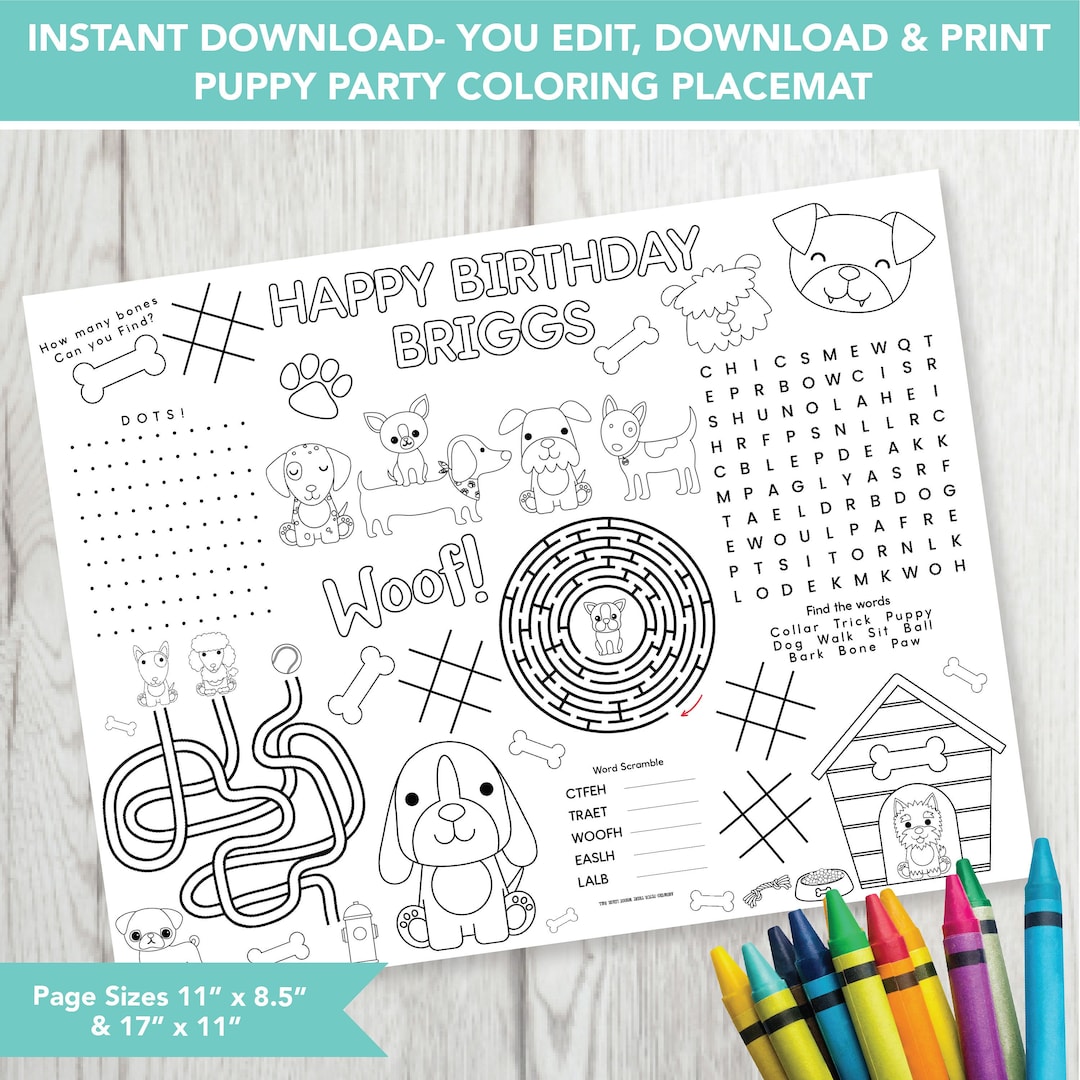Editable Puppy Party Mat, Printable Birthday Coloring Page, Puppy ...